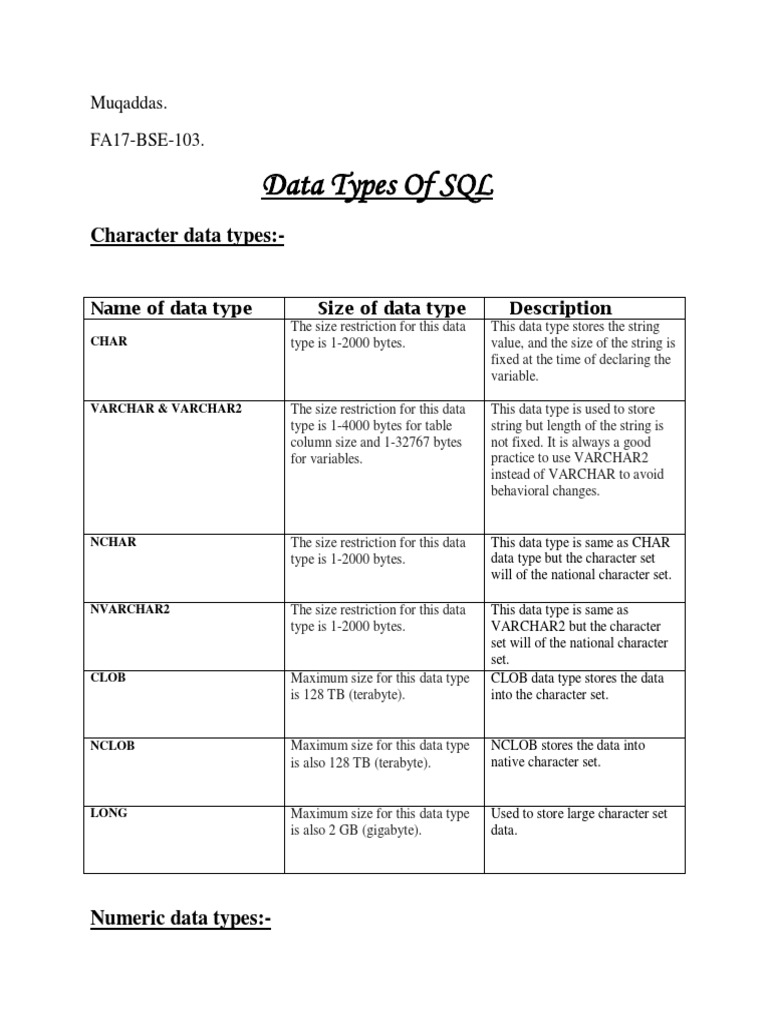 Data Types of SQL | PDF | Data Type | Integer (Computer Science)