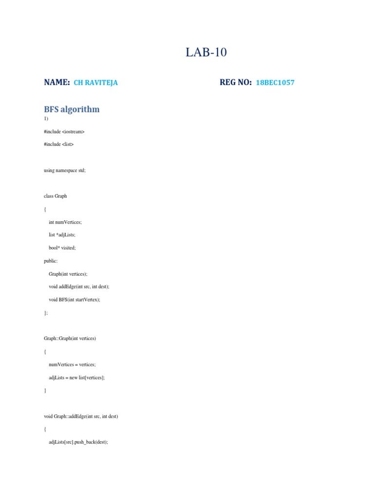 Name Reg No Bfs Algorithm Pdf Theoretical Computer Science Algorithms
