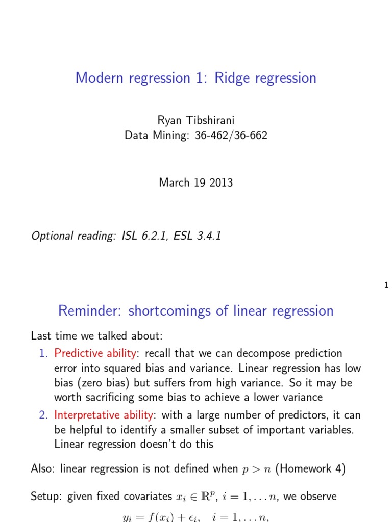 Modern Regression 1: Ridge Regression: Ryan Tibshirani Data Mining: 36 ...