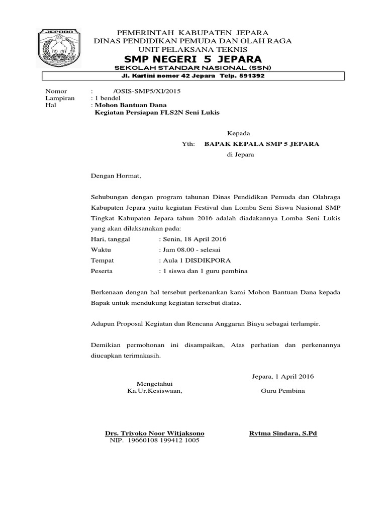 Permohonan Dana Lomba Seni Lukis SMP 5 Jepara | PDF