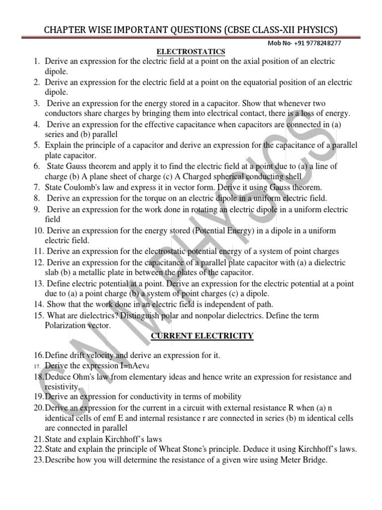 Chapter Wise Important Questions (Cbse Class-Xii Physics) : Electrostatics | PDF | Inductance ...