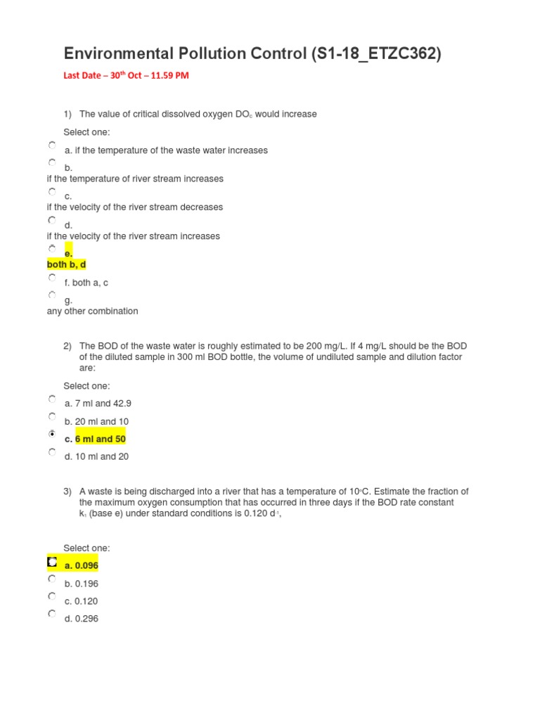 Environmental Pollution Control Quiz | PDF | Wastewater | Environmental ...