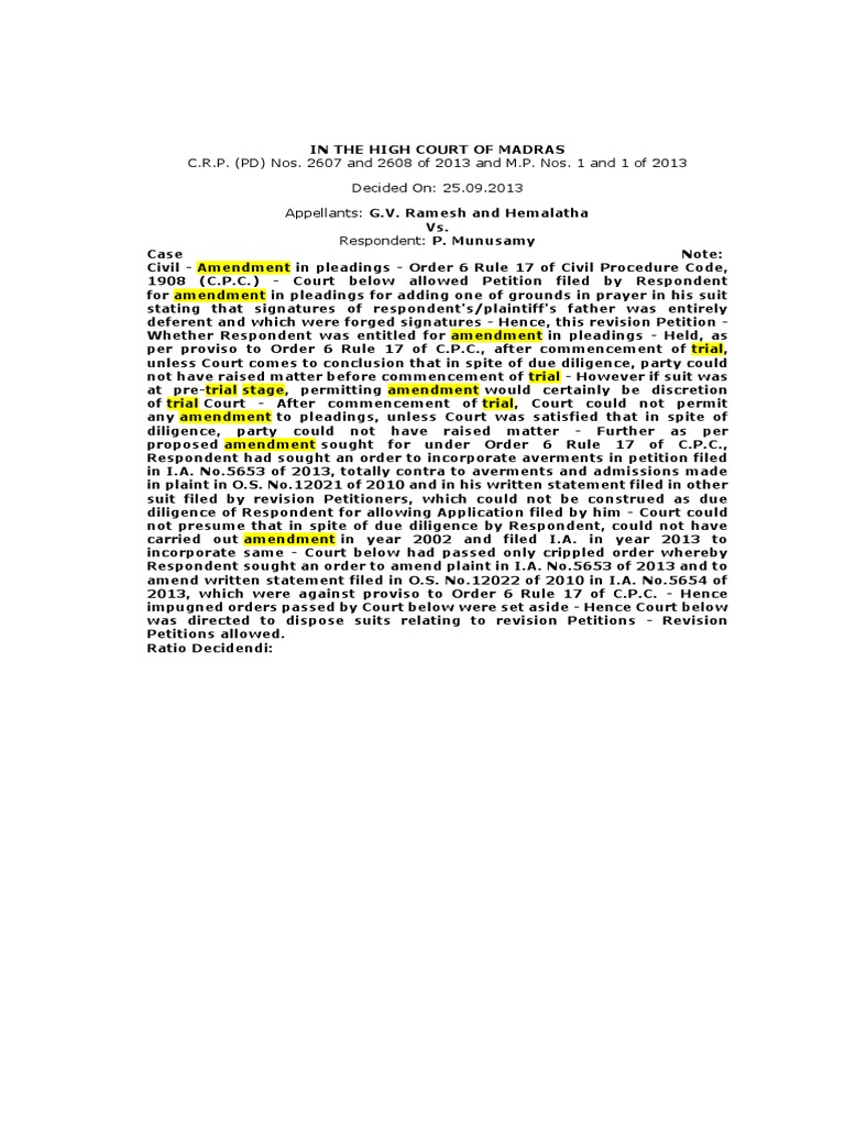 Revision on Order 6 Rule 17 CPC | PDF