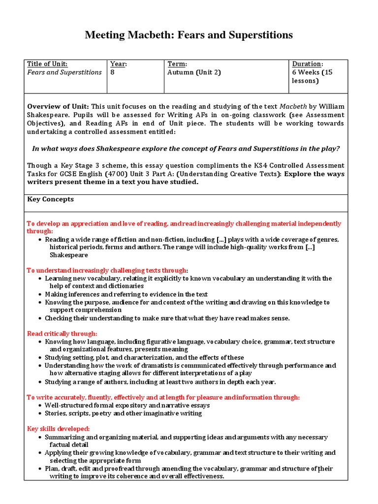 Macbeth Lesson Plan 16 Weeks | PDF | Macbeth | Vocabulary
