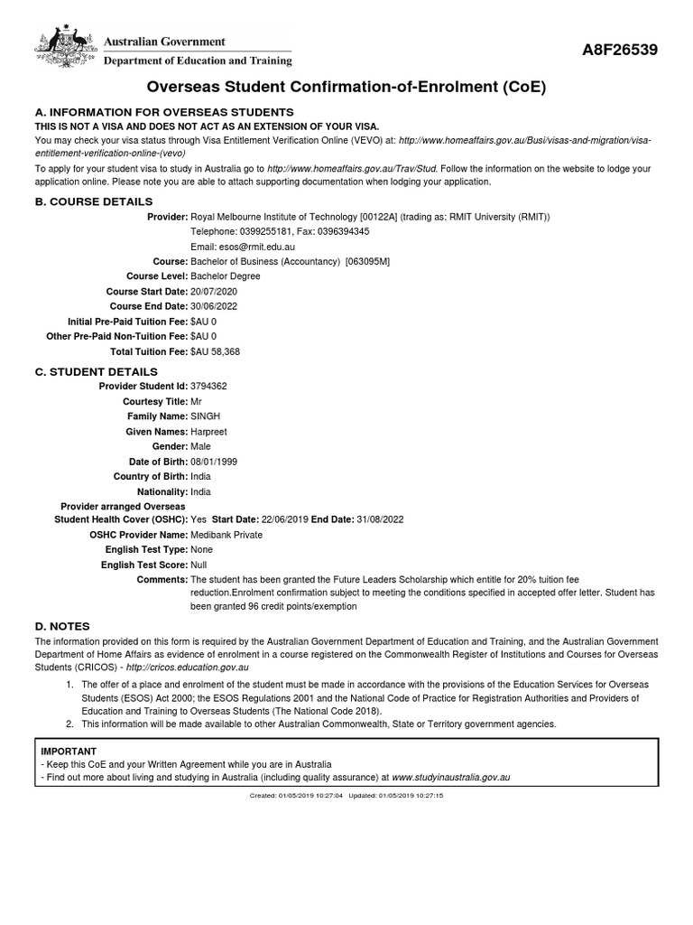 A8F26539 Overseas Student Confirmation-Of-Enrolment (Coe) | PDF ...