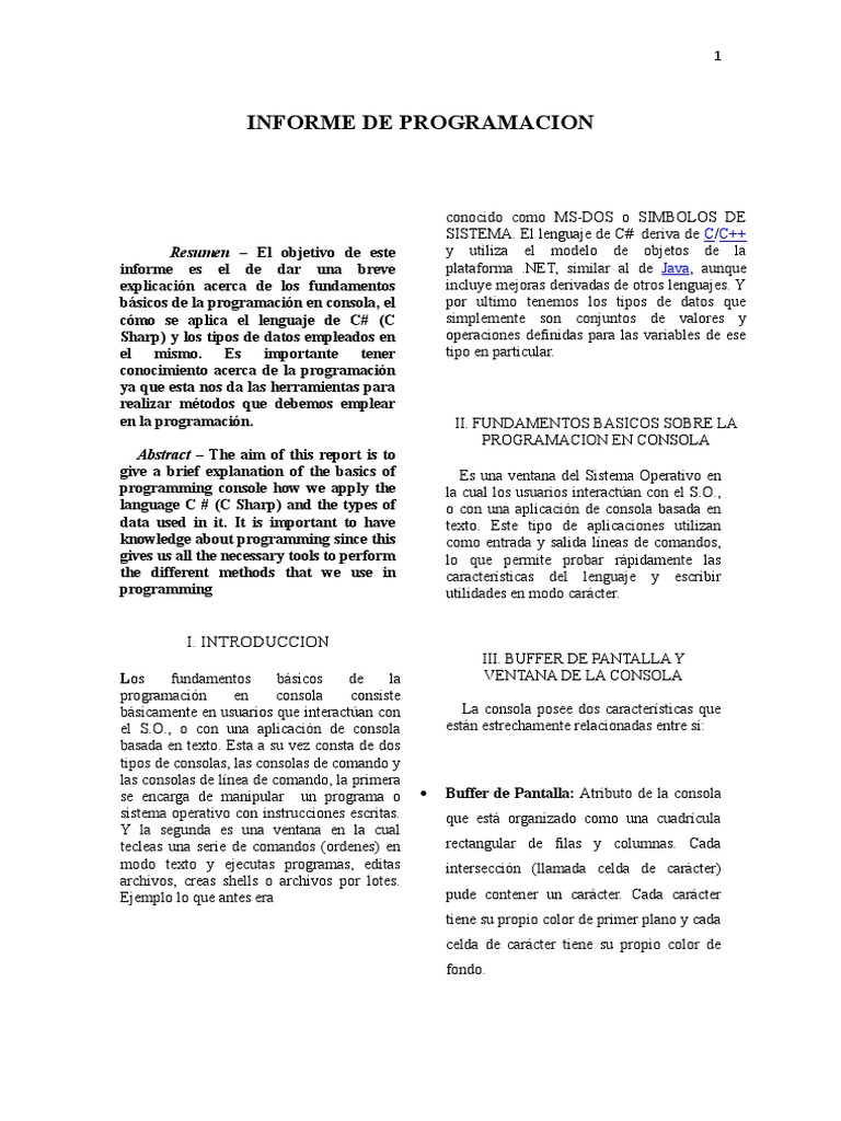 Informe de Programación | PDF | C Sharp (lenguaje de programación) | Interfaz de línea de comando