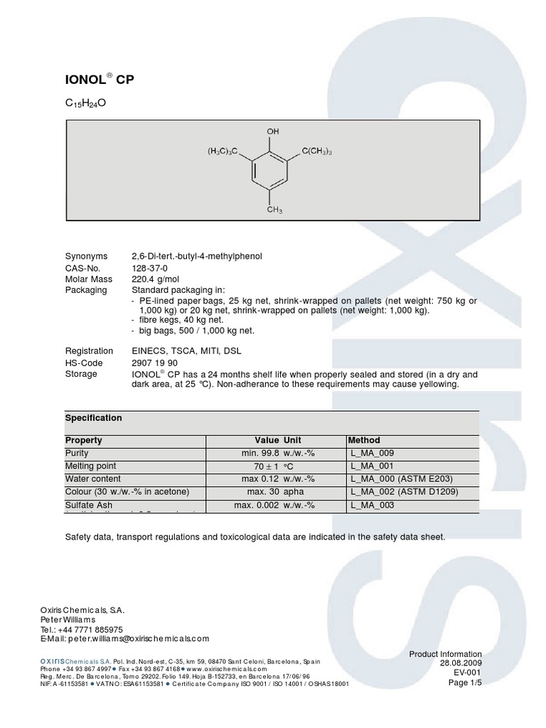 Ionol CP: Specification Property Value Unit Method | PDF | Radical ...