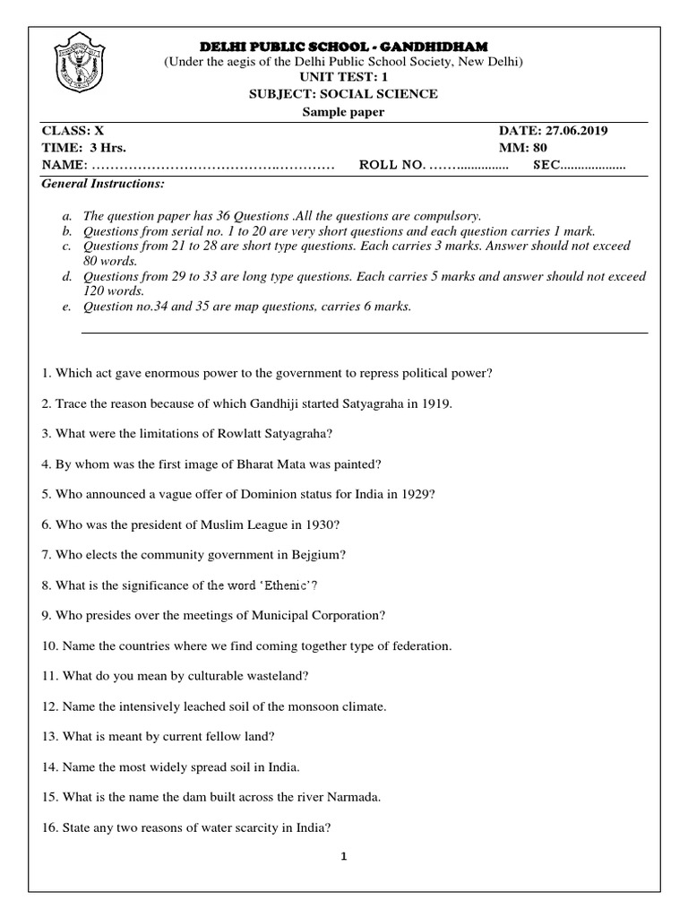 DPS Gandhidham Unit Test 1 SS Sample Paper | PDF
