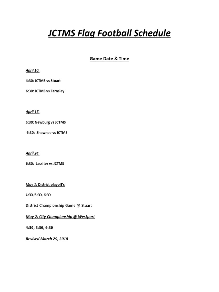 JCTMS Flag Football Schedule 2018 | PDF
