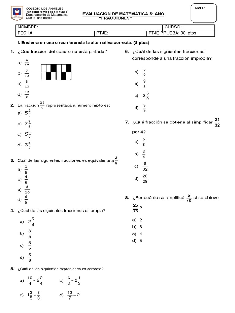 Prueba Fracciones Quinto B | PDF | Fracción (Matemáticas) | Enseñanza ...