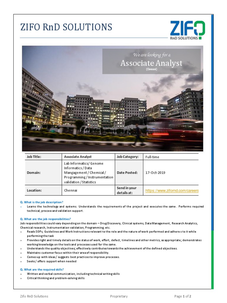 Associate Analyst Job Description and Responsibilities at Zifo RnD ...
