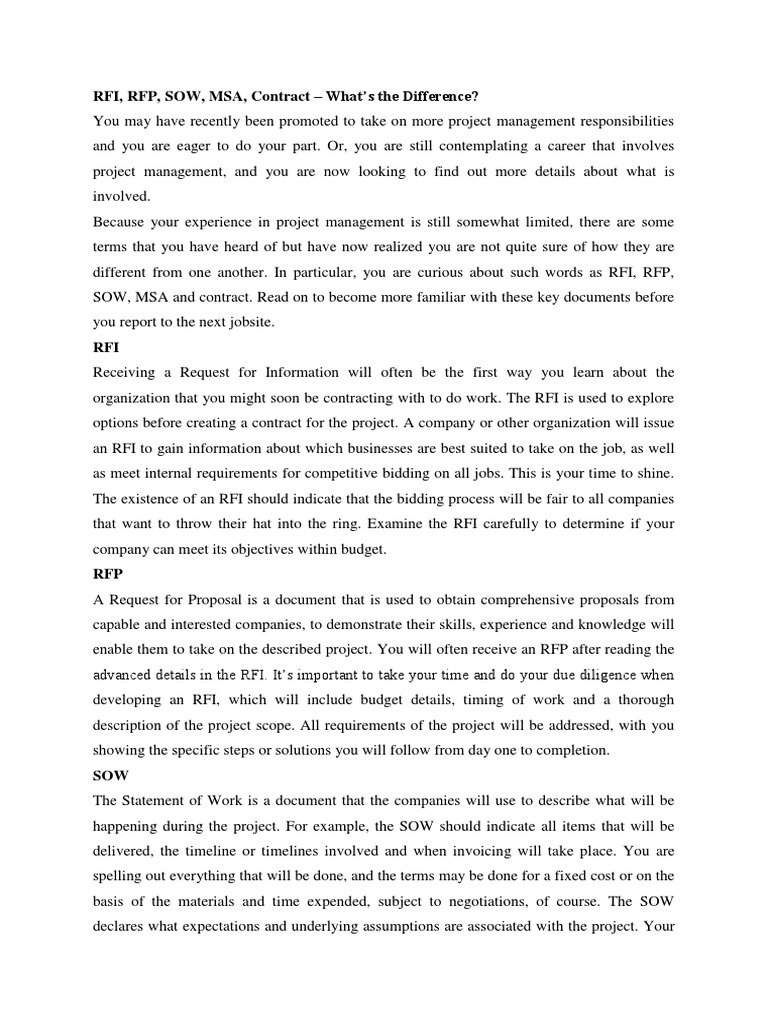 RFI, RFP, SOW, MSA, Contract - What's The Difference? | Download Free ...