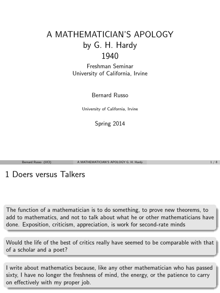 A Mathematician'S Apology by G. H. Hardy 1940: Freshman Seminar ...
