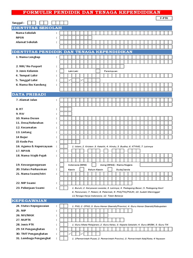 FORMULIR PENDIDIK DAN TENAGA KEPENDIDIKAN | PDF
