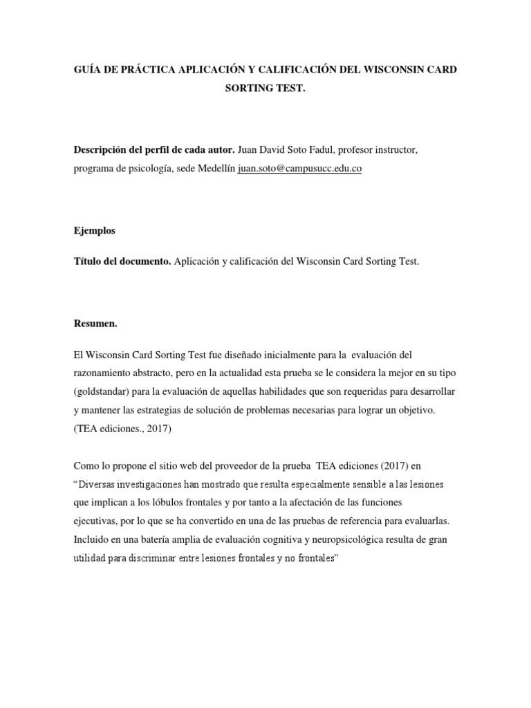Guía de Práctica Aplicación y Calificación Del Wisconsin Card Sorting ...