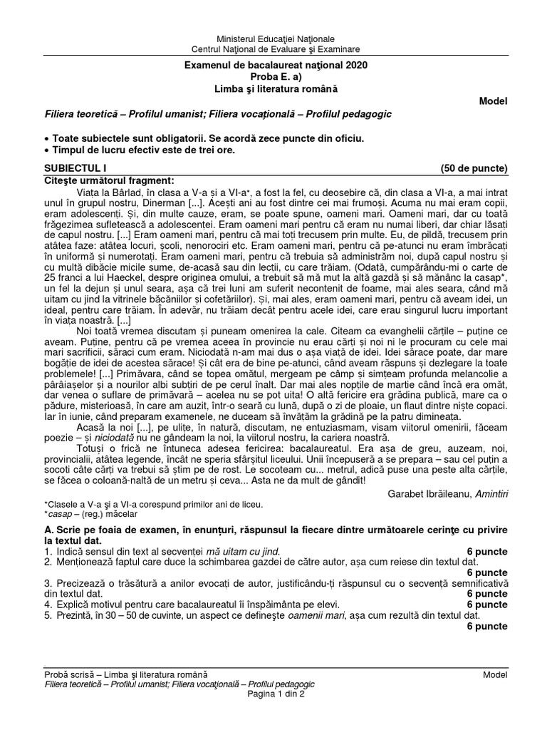 Model Bac Romana 2020 Uman | PDF