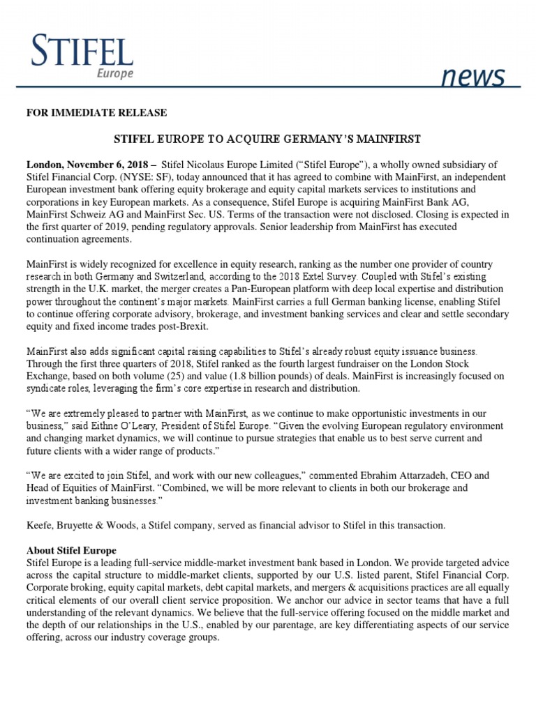 Stifel Europe To Acquire Germany'S Mainfirst: For Immediate Release ...