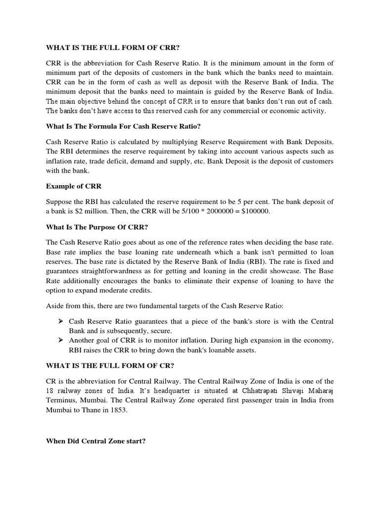 What Is The Full Form of CRR | PDF | Reserve Requirement | Reserve Bank ...