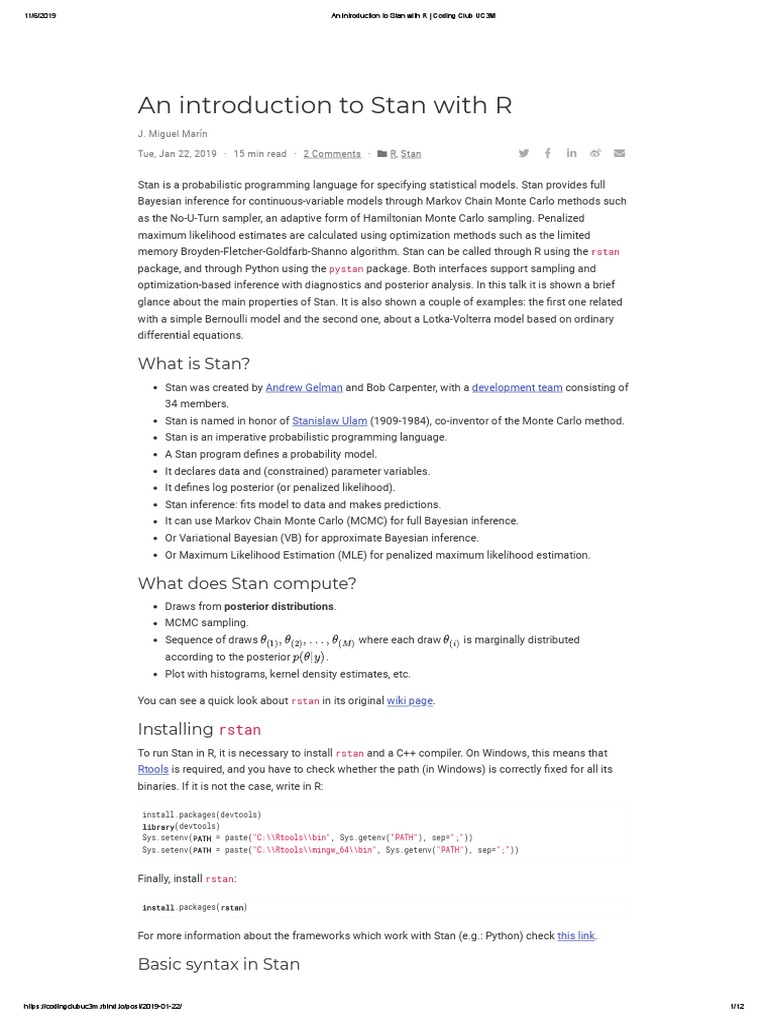 An Introduction To Stan With R - Coding Club UC3M | PDF | Monte Carlo ...