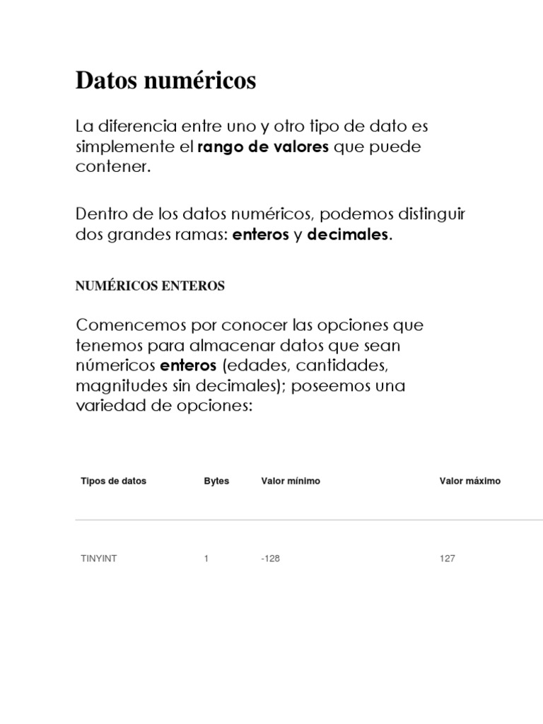 Datos Numéricos | PDF | Tipo de datos | Tabla (base de datos)