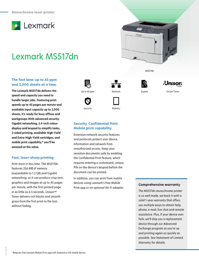 Lexmark MS517dn: Monochrome Laser Printer | PDF | Printer (Computing ...