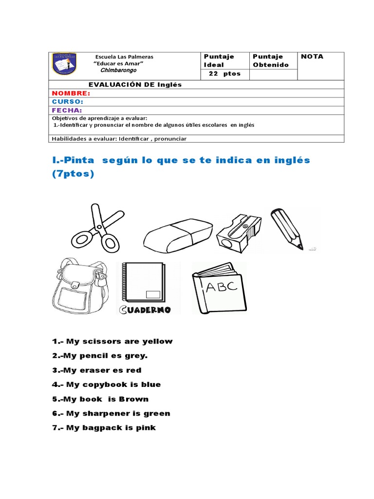 Evaluación de útiles escolares en inglés | PDF | Artes del Lenguaje y ...