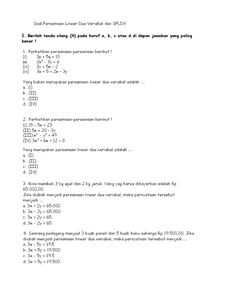 Soal Persamaan Linear Dua Variabel (SPLDV) | PDF