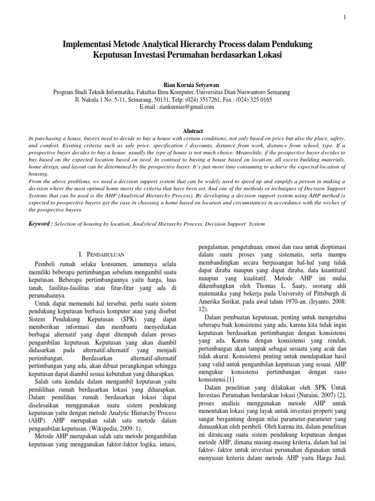 Implementasi Metode Analytical Hierarchy Process Dalam Pendukung Keputusan Investasi Perumahan ...