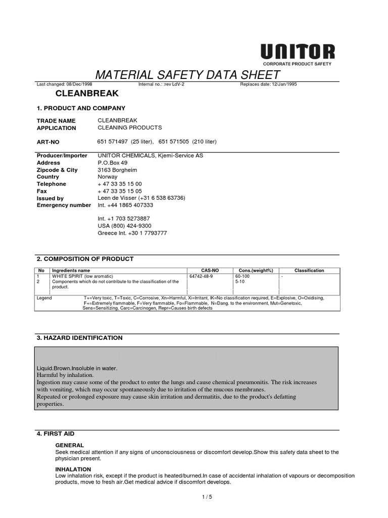 Unitor Msds | PDF | Firefighting | Personal Protective Equipment Unitor Msds | PDF | Firefighting | Personal Protective Equipment