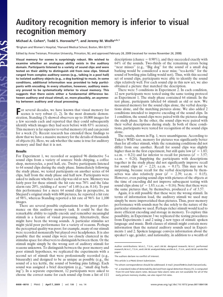 Auditory Recognition Memory Is Inferior To Visual Recognition Memory ...