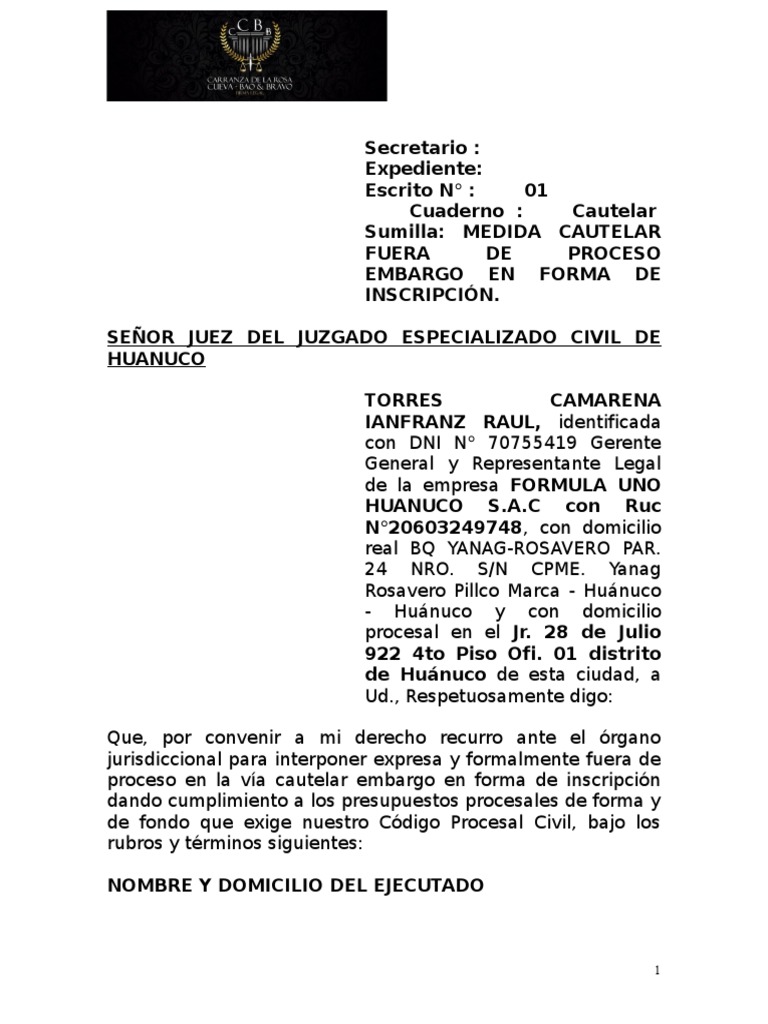 Modelo de Medida Cautelar de Embargo en Forma de Inscripcion Fuera de ...