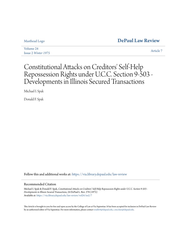 Constitutional Attacks On Creditors Self-Help Repossession Right PDF ...