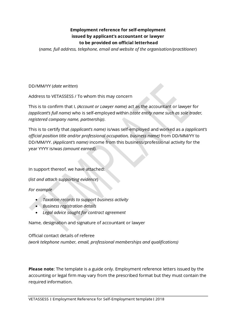 VETASSESS Employment Reference For Self-Employment Template | PDF