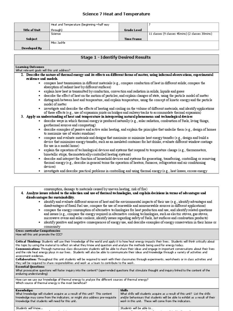 Grade 7 Heat and Temperature Unit Plan | PDF | Heat | Heat Transfer