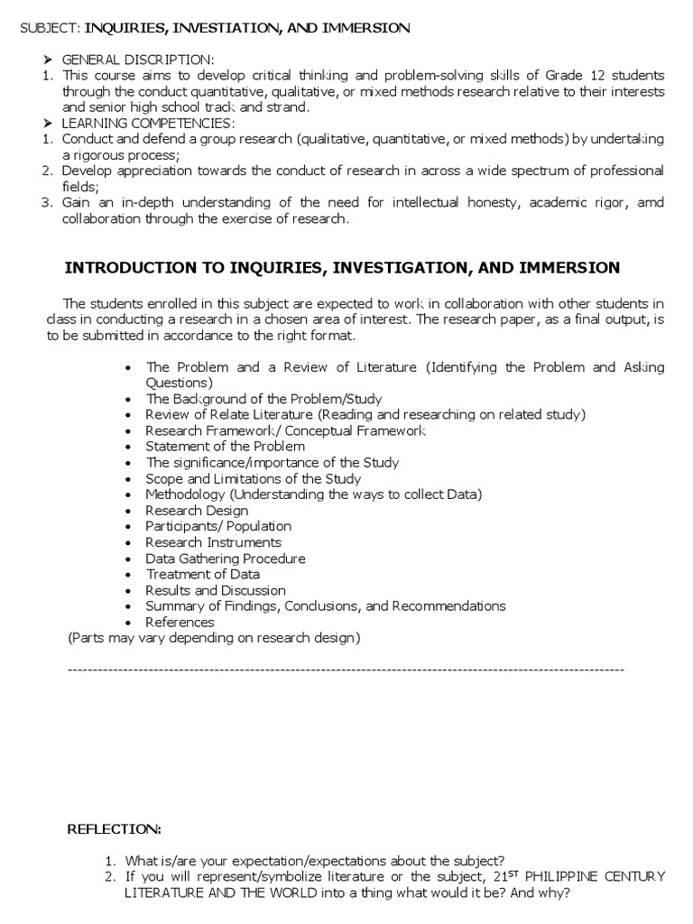 Introduction To Inquiries, Investigation, and Immersion: Reflection | PDF