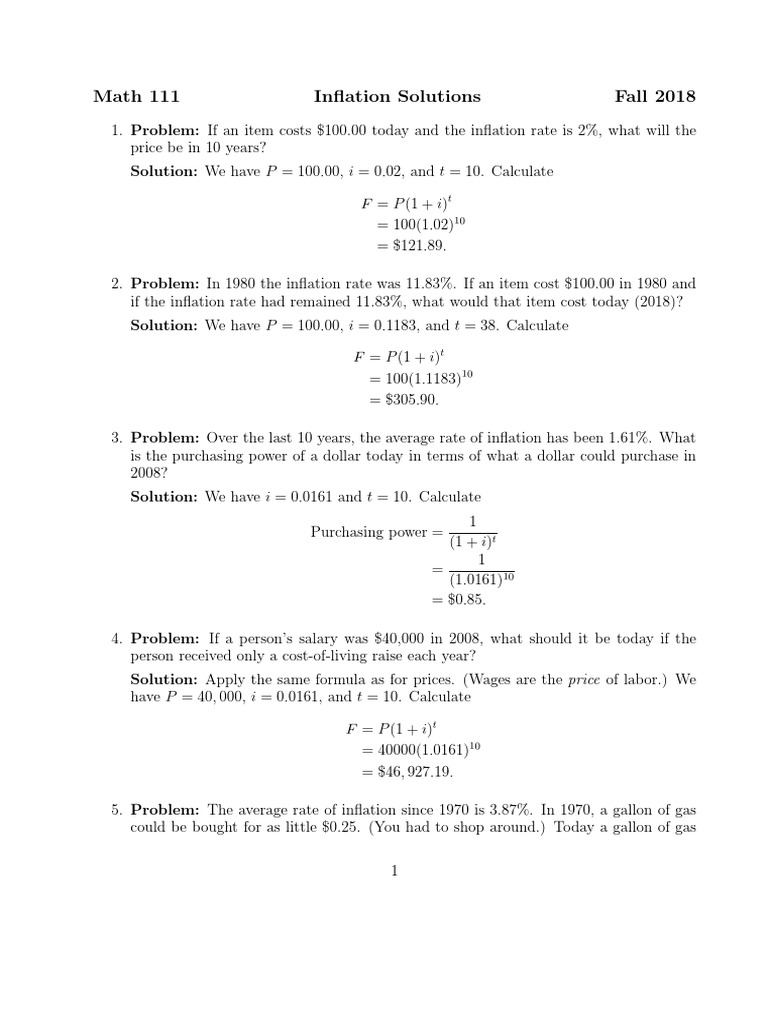 Inflation Solutions Math 111 Fall 2018 Cost Calculator | PDF | Monetary ...