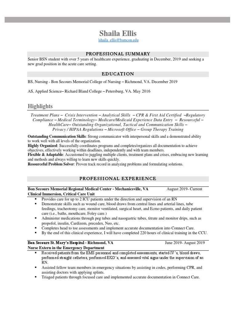 Senior BSN Student Seeking Acute Care Role | PDF | Patient | Health Care