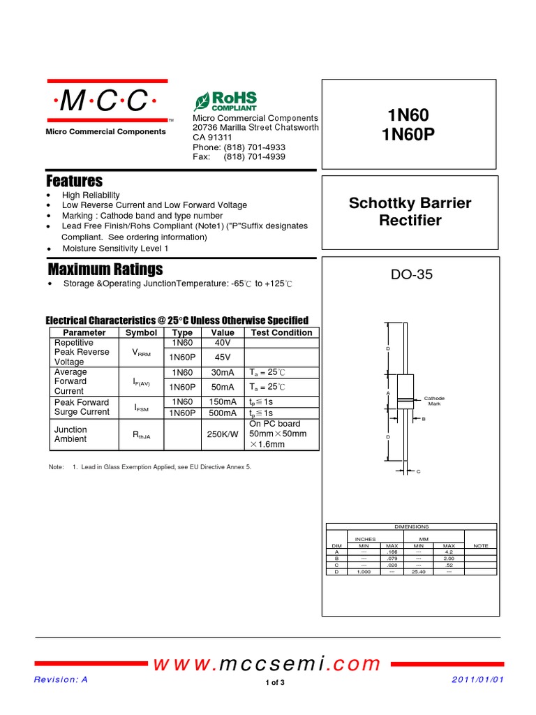 1N60, 1N60P Schottky Barrier Rectifier Datasheet | PDF | Electrical Engineering | Electricity