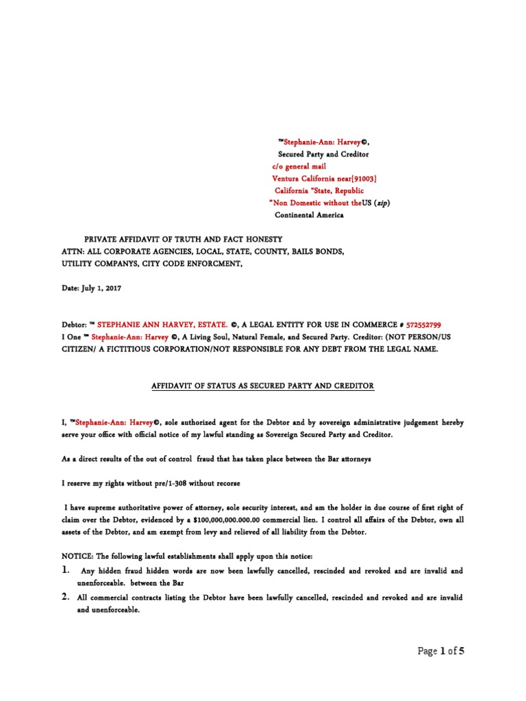 Affidavit of Status As Secured Party,/ A Fictitious Corporation/not Responsible For Any Debt ...
