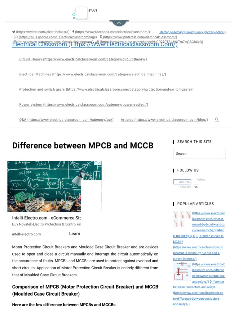 Difference Between MPCB and MCCB - Electrical Classroom | PDF | Relay | Equipment