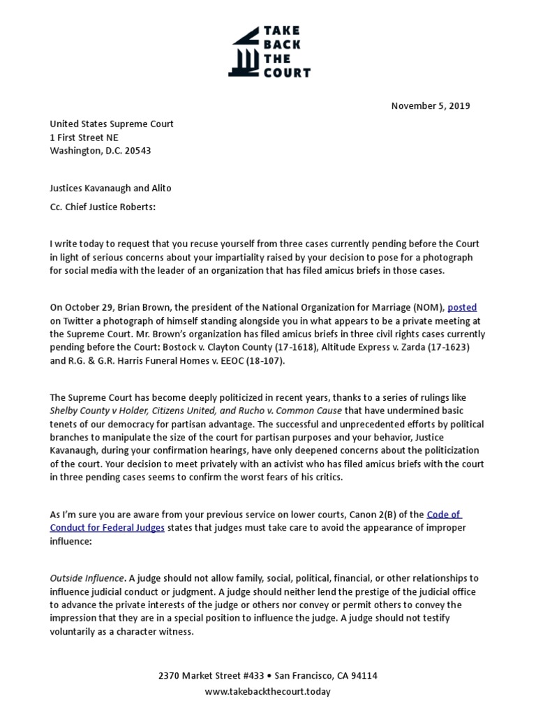 Kavanaugh and Alito Recusal Letter | PDF | Judicial Disqualification ...