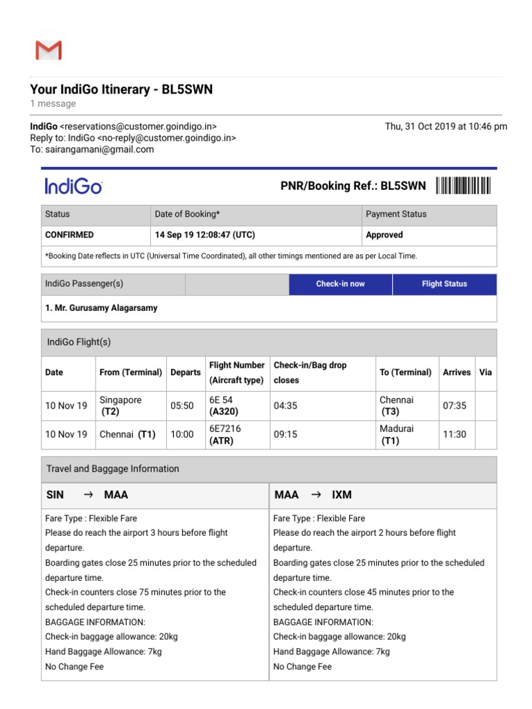 Your Indigo Itinerary - Bl5Swn | PDF | Baggage | Aviation