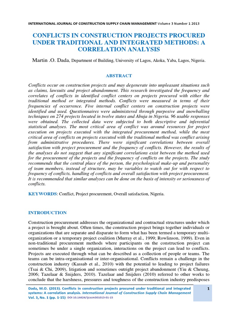 Conflicts in Construction Projects Procured Under Traditional and ...