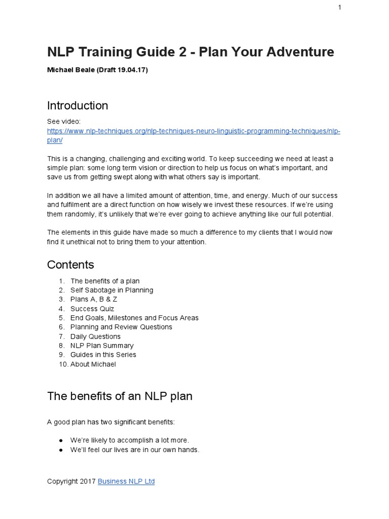NLP Training Guide 2 - Plan Your Adventure: Michael Beale (Draft 19.04. ...