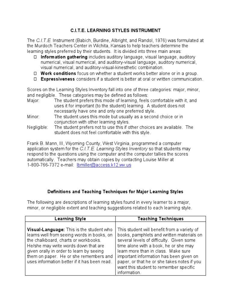 CITE Learning Styles Instrument | PDF | Applied Psychology ...