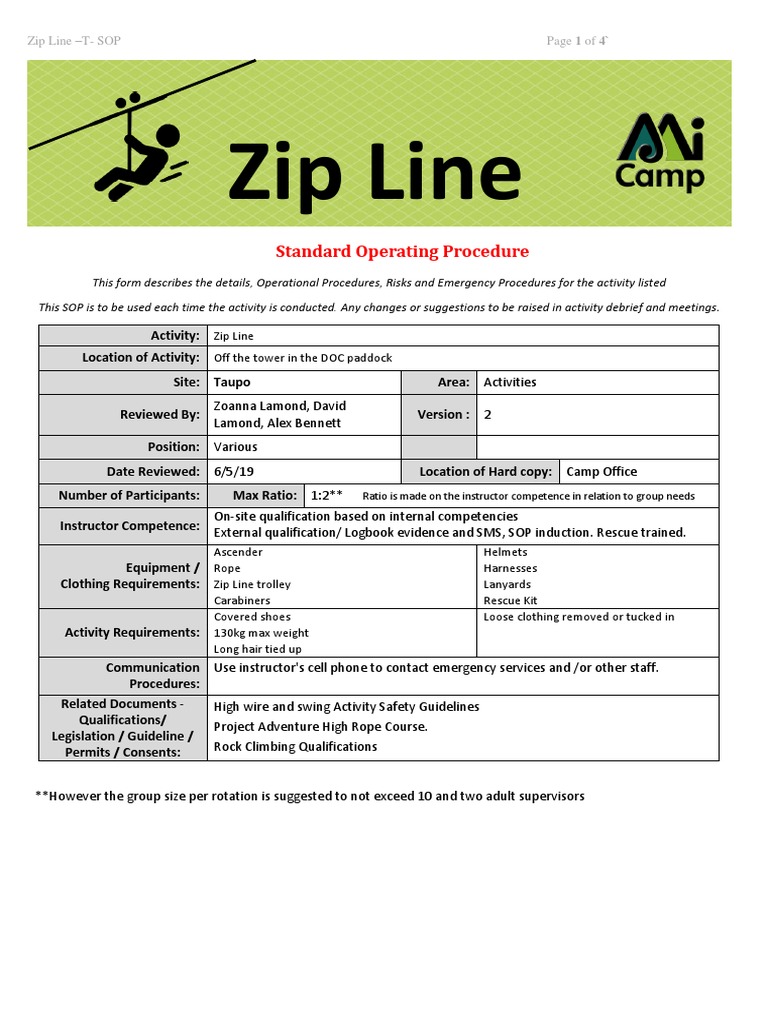 Zip Line: Standard Operating Procedure | PDF | Personal Protective ...