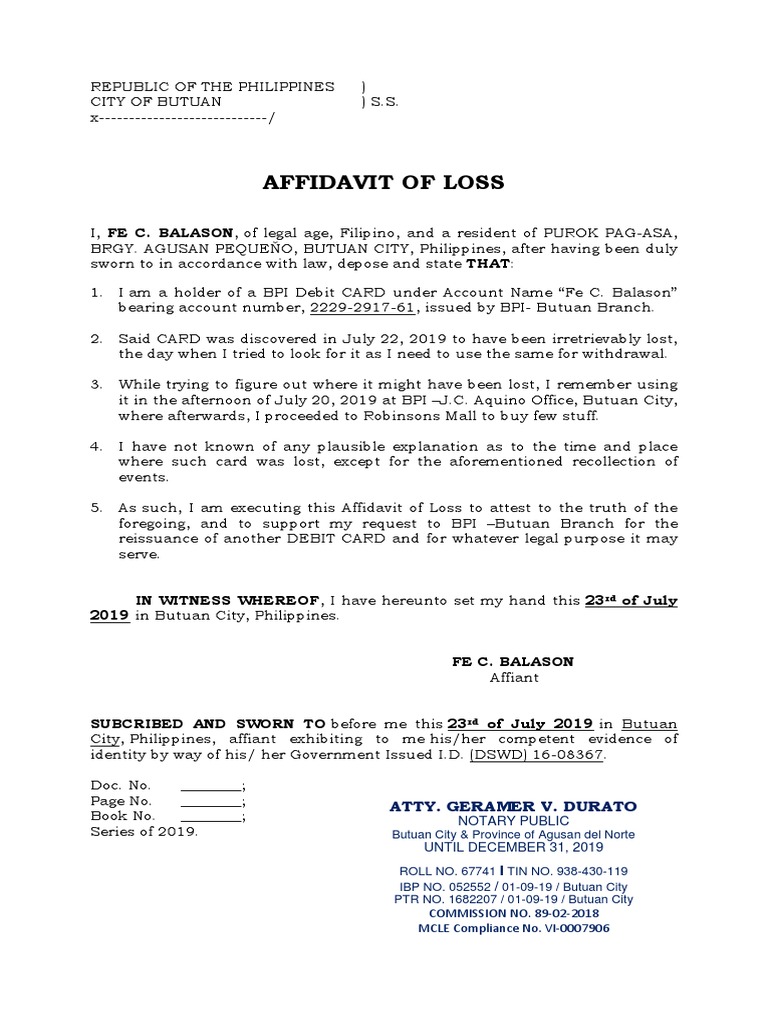 Affidavit of Loss: Lost BPI Debit Card | PDF