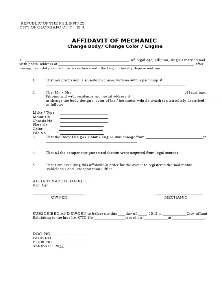 Affidavit of Mechanic: Change Body/ Change Color / Engine | PDF | Law