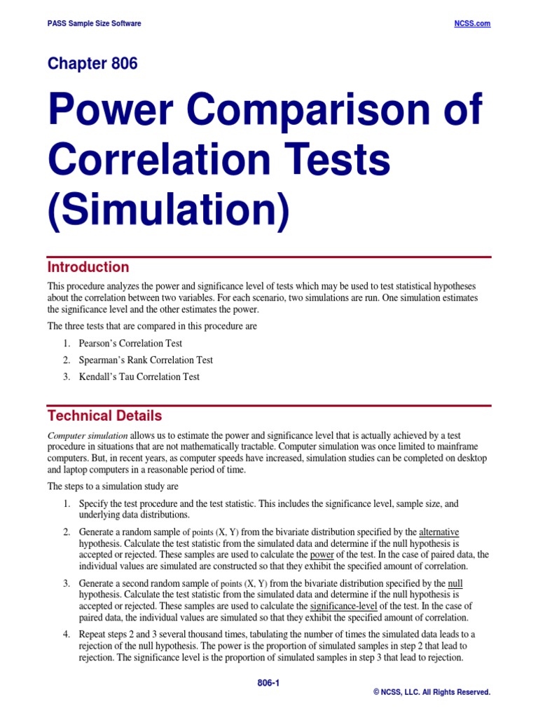 Power Comparison of Correlation Tests (Simulation) : PASS Sample Size ...