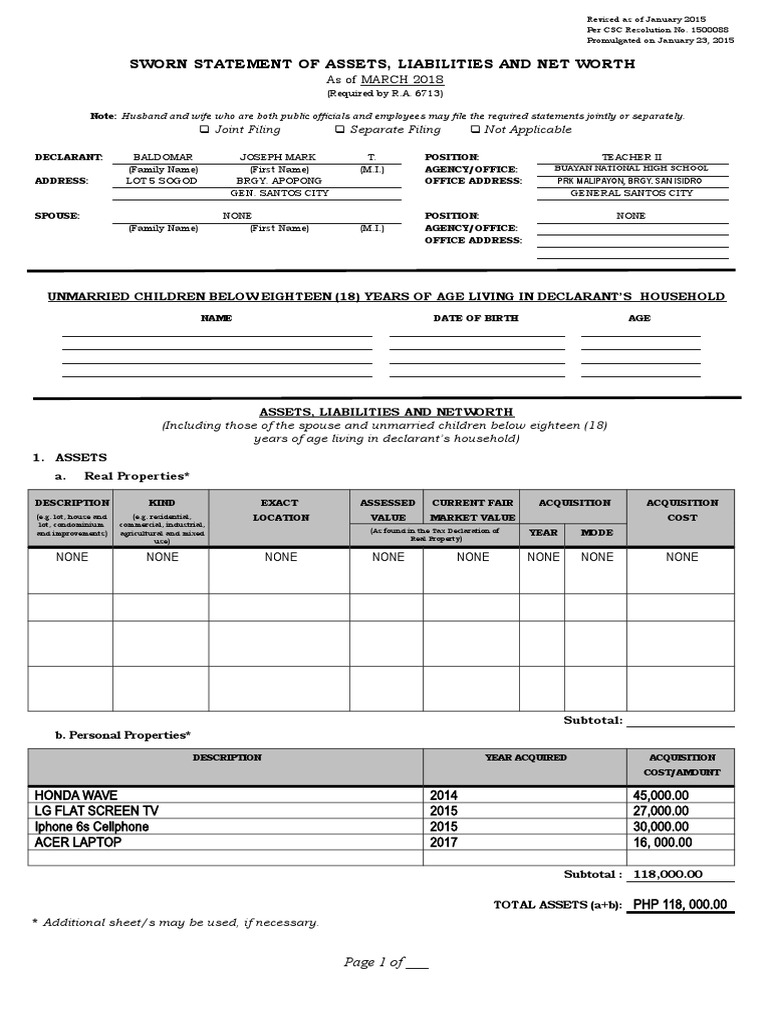 Sample SALN | PDF | Identity Document | Government